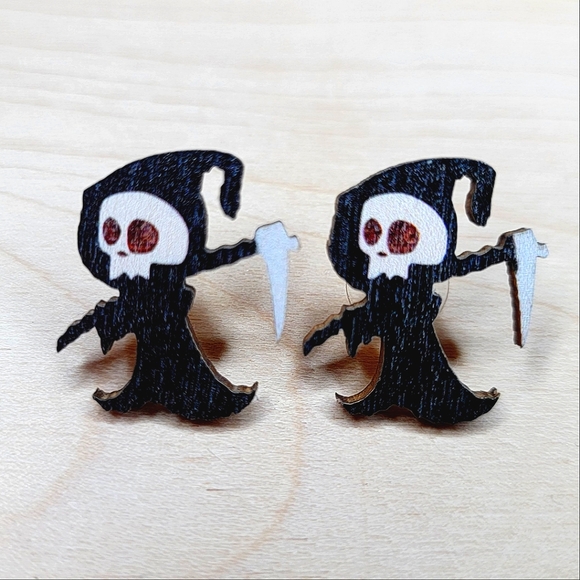 Jewelry | Grim Reaper With Scythe Wood Stud Earrings | Poshmark